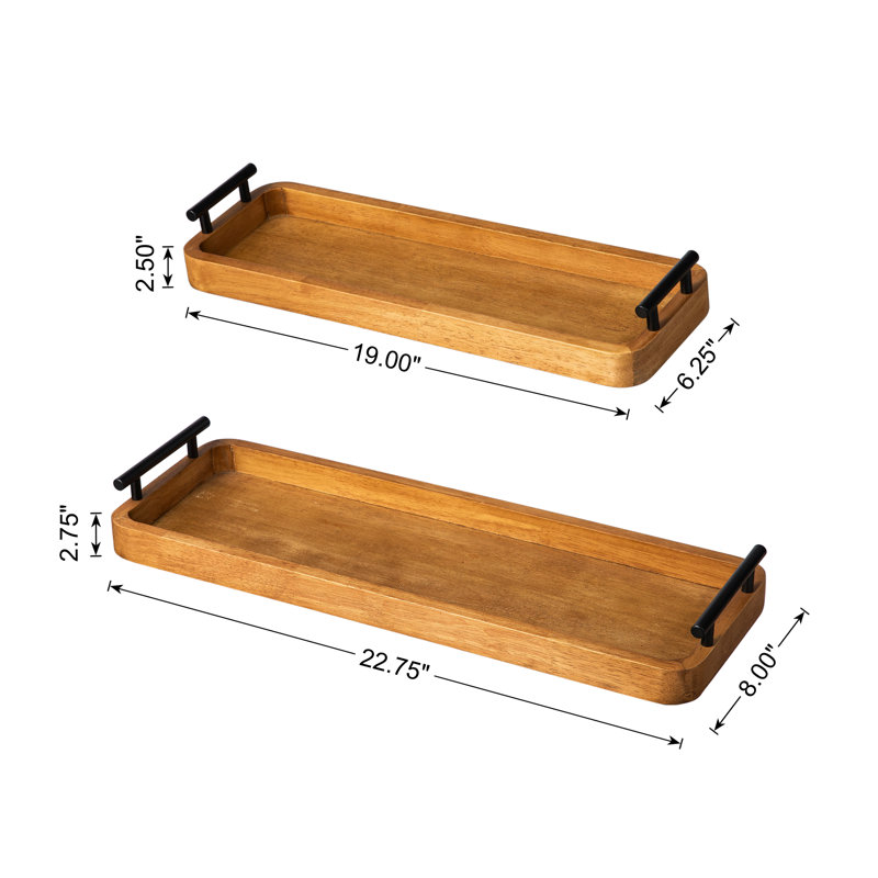 17 Stories Rectangle Acacia Wood Trays With Metal Handles & Reviews | Wayfair